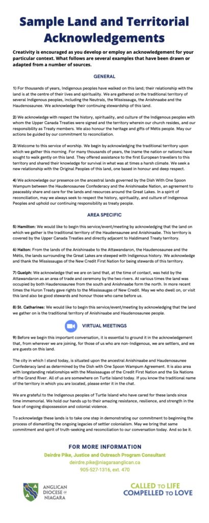 New Land and Territorial Acknowledgement Tool for the Diocese - Niagara ...